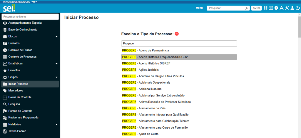 3° Escolhe-se o Tipo Processo desejado;
